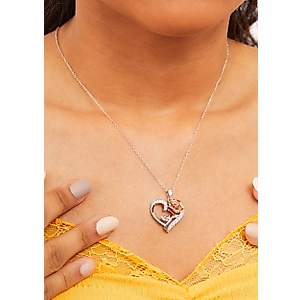 Disney Womens Beauty and the Beast Rose Necklace Officially Licensed - 18" Sterling Silver Necklace with Rose Heart Pendant