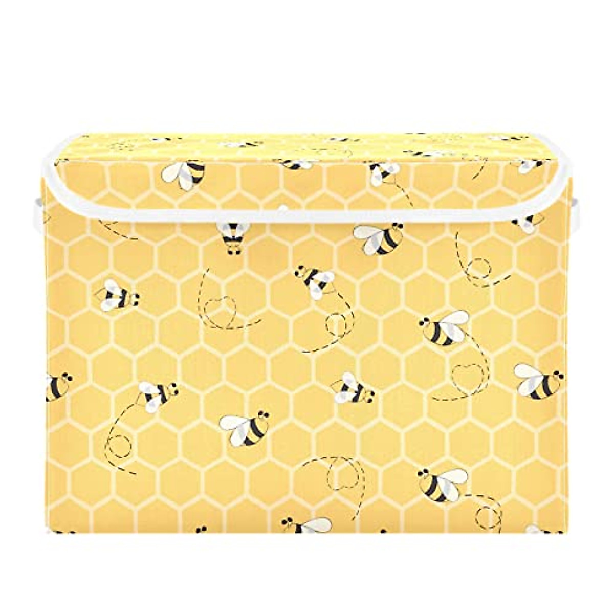 DOMIKING Yellow Bees Honey Large Storage Bin with Lid Collapsible Shelf Baskets Box with Handles Organizing Container for Nursery Drawer Shelves Cabinet