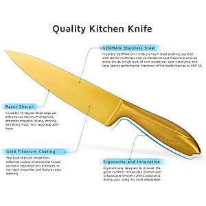 Golden Kitchen Knife Set 5 Piece WELLSTAR, Razor Sharp German Stainless Steel Blade and Ergonomic Handle with Gold Titanium Coated, Chef Carving Bread Utility Paring for Cutting and Peeling - Gift Box