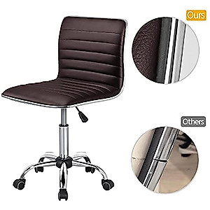 Topeakmart Armless Office Chair Task Chair Leather Ribbered Modern Desk Chair Adjustable Low-Back Swivel Chair w/Rolling Wheels Accent Comfy Working Chair Makeup Chair, Brown