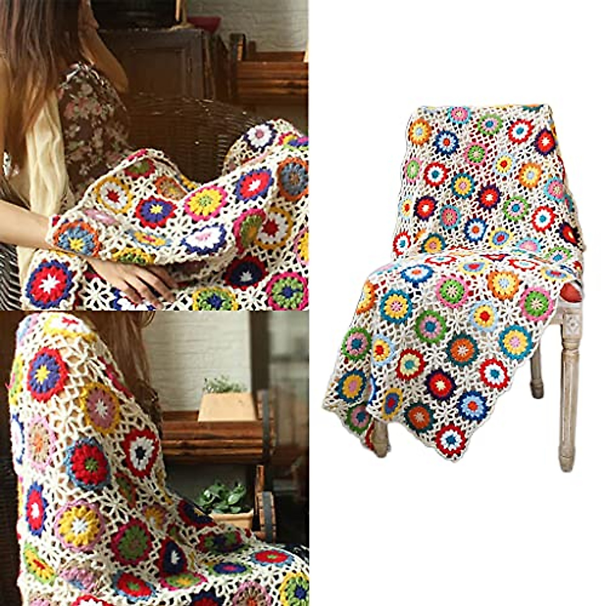 hahawali Crochet Blanket, Woven Blanket, Sofa Blanket Boho Handmade Crochet Sofa Throw Blanket Colorful Flower Sweater Style Mat Decor, 80x60