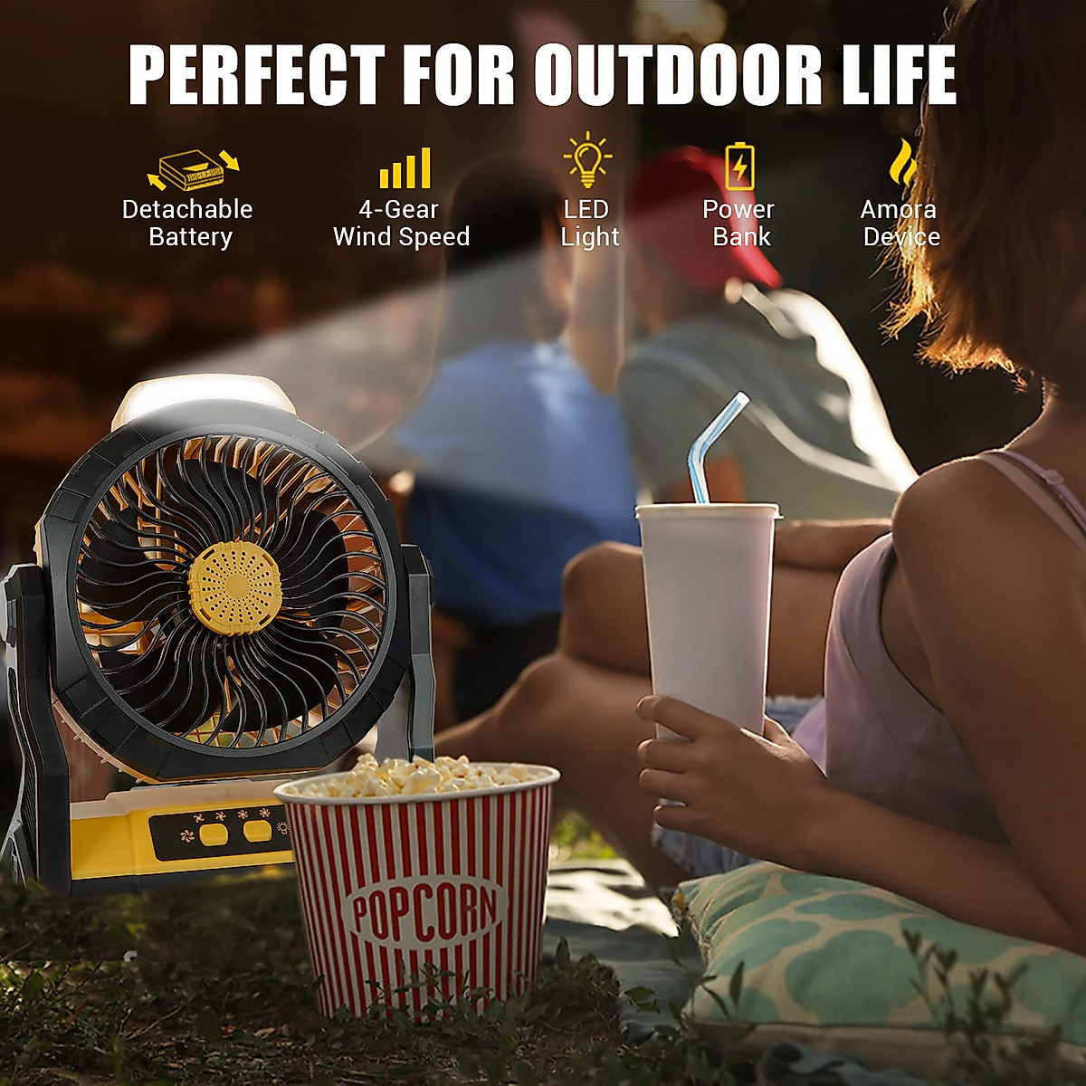 Geek Aire Portable Camping Fan with Lights, 20000mAh Detachable Rechargeable Battery Operated Fan, Battery Powered Outdoor Tent Fan with 4 Speeds & Hook, Personal Beach Fan for Camping Hiking