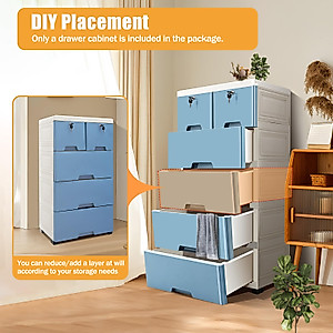 WOQLIBE Dresser Drawer Organizers,Plastic Dresser with 6 Drawers, Tall Lockable Storage Cabinet with Wheel, Dresser Drawer Organizers for Baby Clothing/Bedroom/Playing Room,19.7x13.8x40 in(Blue)