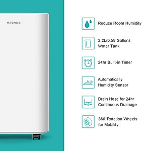 Kesnos 2500 Sq. Ft Dehumidifier for Home with Drain Hose and 0.6 Gallon Water Tank - Intelligent Touch Control and Low Noise, 24 Hr Timer Ideal for Basements, Bedrooms, Bathrooms, and Laundry Rooms