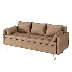 Senfot Sofa Couch Faux Leather 3-Seater Sofas with Hand Stitched Comfortable Cushion, Modern Design with Gold Metal Legs and Lift-Up Storage for Living Room in Light Brown