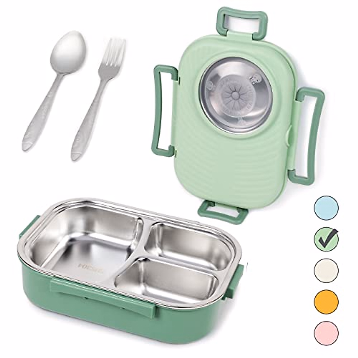 Puraville Stainless Steel Bento Lunch Box for Kids and Adults,Stackable BPA-Free Food Containers with 3 Compartments and Reusable Sauce Bowl, Fork and Spoon, (1000ml/34oz,Green)