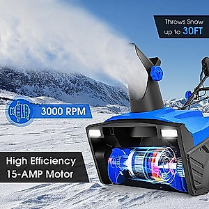 Safstar Snow Blower, 20-Inch 15-AMP Walk-Behind Snow Thrower W/LED Headlights & 180° Rotating Chute, 30FT Throwing Distance, 10" Depth Clearing Path, Electric Corded Snowblower for Driveway (Blue)