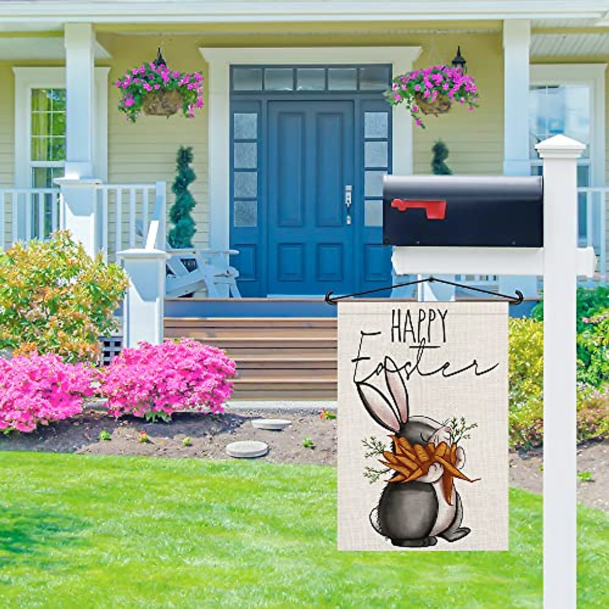 Happy Easter Bunny Garden Flag 12x18 Inch Burlap Double Sided Outside, Easter Carrot Sign Yard Outdoor Decoration DF216