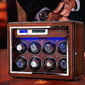 LUKDOF Walnut Watch Winder for 8 Automatic Watches Winding+ 6 Storage Slots LED Backlight Watch Display Box Touchscreen Automatic Rotation Case with Quiet Mabuchi Motors for Men and Women Gift