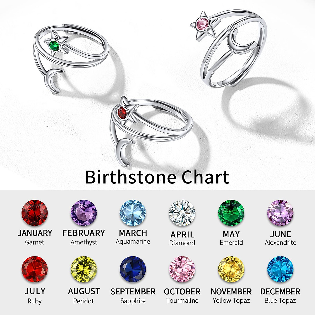 ChicSilver 925 Sterling Silver Open Adjustable Ring Dainty Star and Moon Ring March Birthstone Stackable Knuckle Rings Created Aquamarine Jewelry for Women
