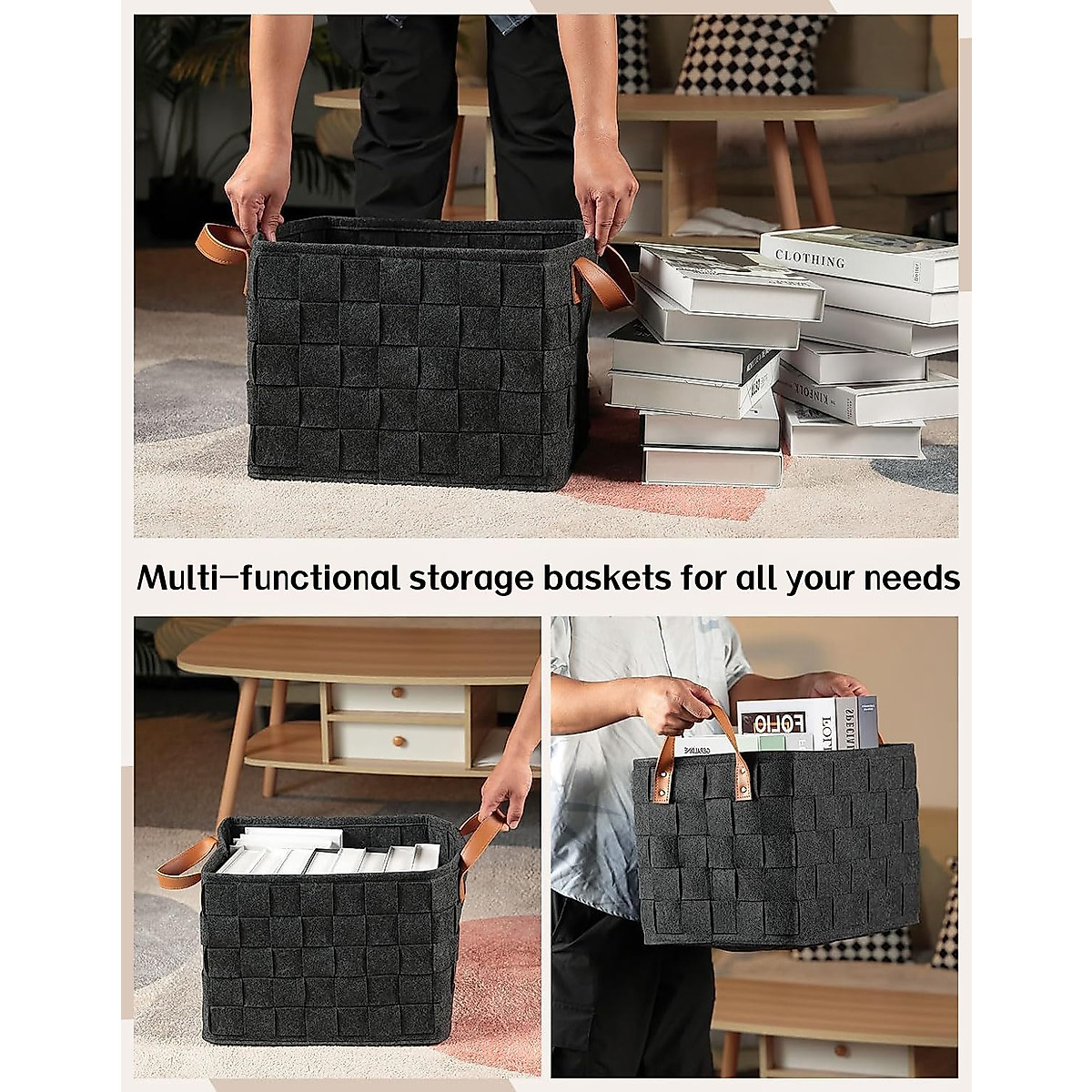 GIB Large Woven Felt Storage Baskets with Handles, 16"x11.8"x11.5" Fabric Wicker Storage Baskets Foldable Collapsible Storage Bins for Blankets Toys Clothes Shoes, Black/Dark Grey, 2 Pack