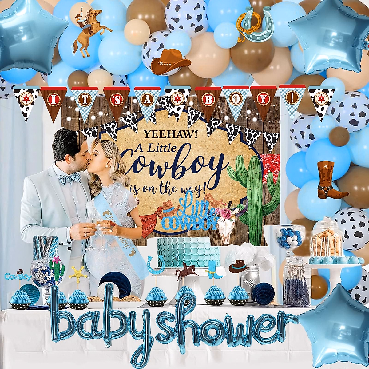 123 PCs Cowboy Baby Shower Decorations for Boy, Fiesec Western Rodeo Wild West Baby Shower Decorations A Little Cowboy Is On The Way Backdrop Balloon Garland Arch Banner Cake Cupcake Topper Sash