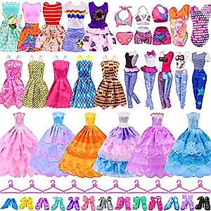 Ecore Fun 41 Pcs Doll Clothes and Accessories, 5 Wedding Gowns 5 Fashion Skirts 5 Mini Dresses 3 Fashion Clothes 3 Bikini Swimsuits 10 Hangers 10 Shoes Perfect for 11.5 Inch Dolls