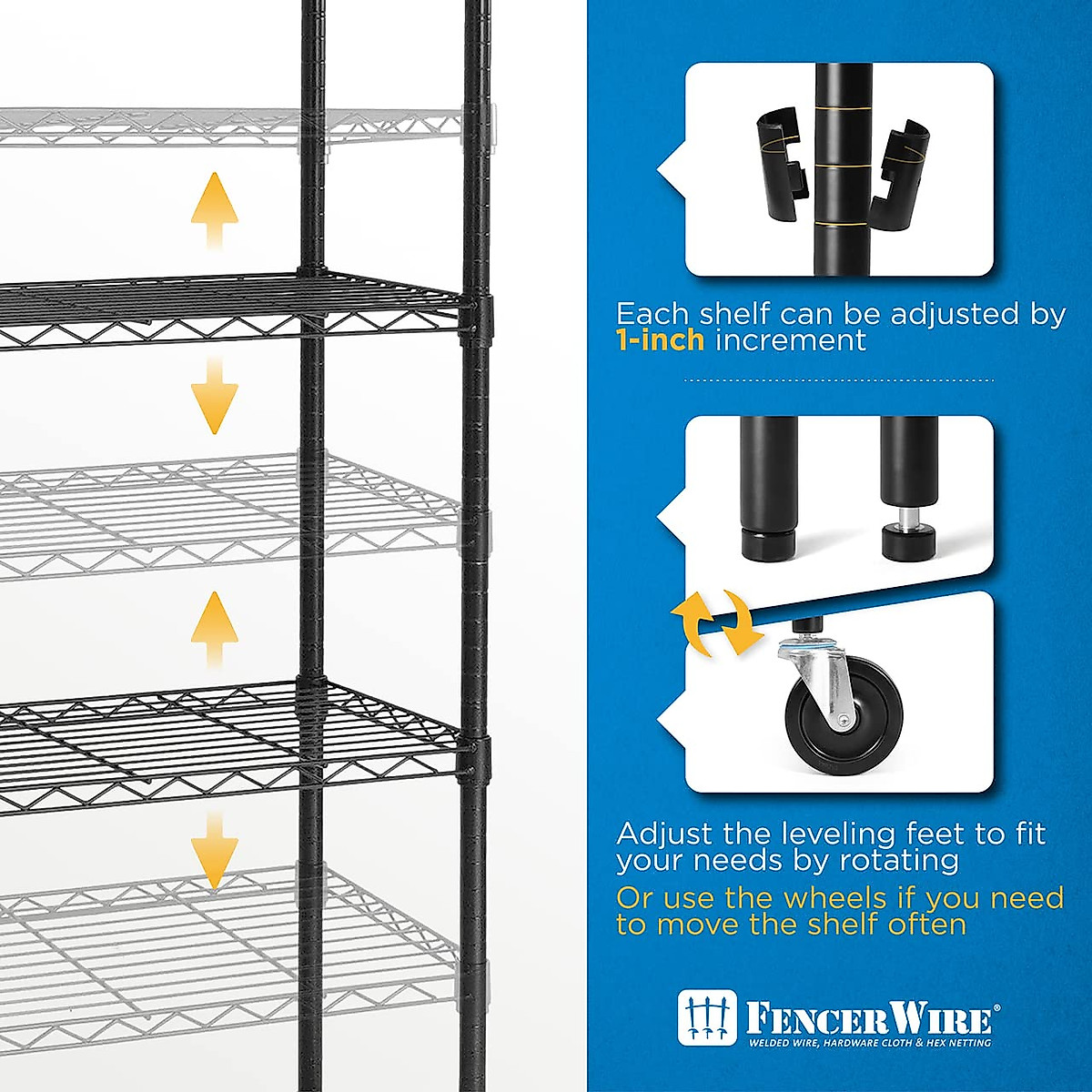 Fencer Wire 4-Tier Commercial Grade Heavy Duty Adjustable Height Wire Shelving w/Casters & Leveling Feet, Garage Shelving Storage Organizer, Storage Metal Steel Shelf, Utility Storage Shelf, Black.