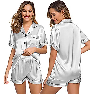SWOMOG Womens Silk Satin Pajamas Set Two-piece Pj Sets Sleepwear Loungewear Button-Down Pj Sets Grey