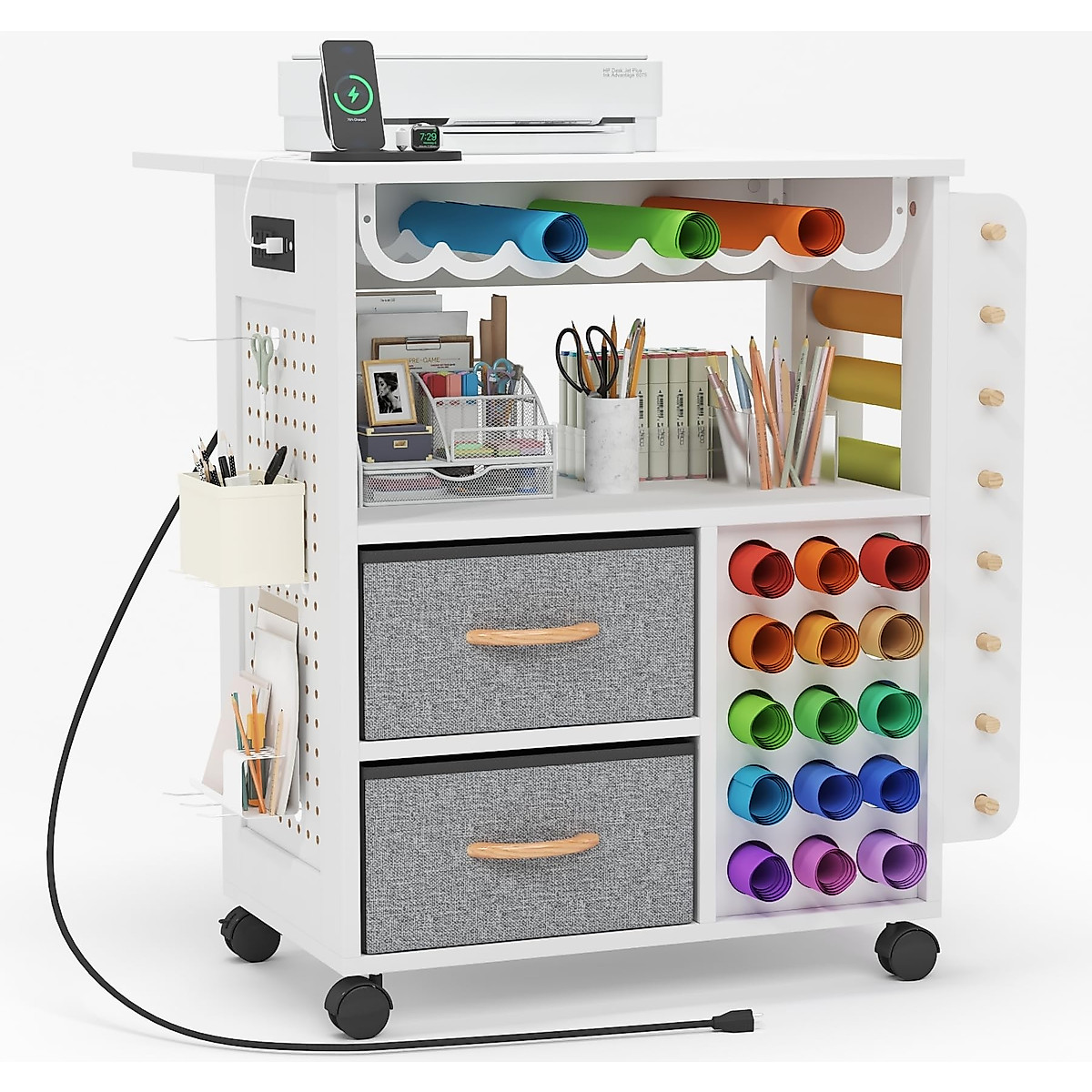 CRAFTEASE Rolling Craft Cart and Storage Table Compatible with Craft Machines Foldable Craft Cabinets w/USB Ports & Outlets Vinyl Roll Holder Craft Accessories Organizer Workstation for Craft Room