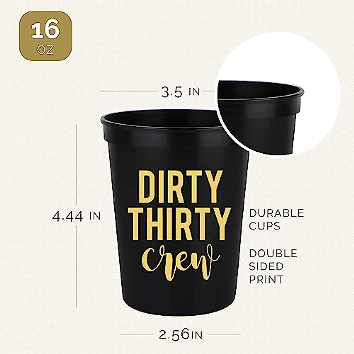 Dirty Thirty Crew 30th Birthday Party Cups and 1"Talk Thirty to Me" Button, Set of 12, 16oz Black and Gold 30th Birthday Stadium Cups, Perfect for Birthday Parties,Birthday Decorations (Regular)