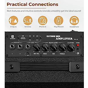 Vangoa Electric Drum Amp 40W Professional Drum Amplifier Speaker, 3 Inputs 3 Band EQ Wireless Electronic Drum Monitor, Keyboard Speaker, Black