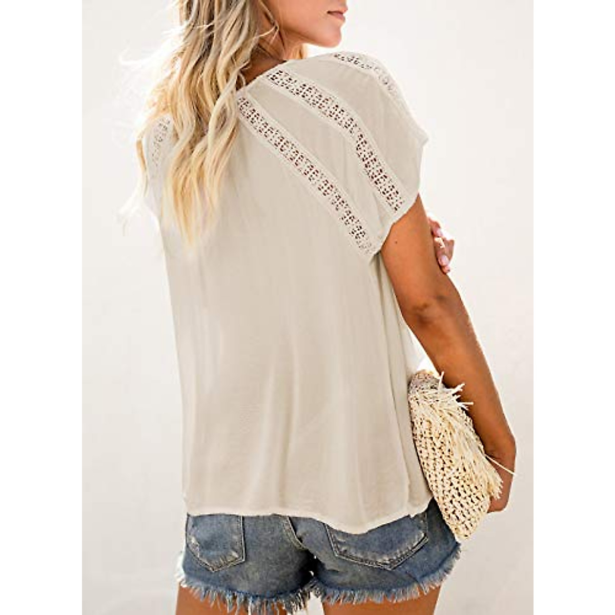 Dokotoo Womens Ladies 2023 Summer Sexy Lace V Neck Eyelet Short Sleeve Boho Shirts Spring Casual Loose Solid Chiffon Blouses for Women Tops Apricot 1X Large