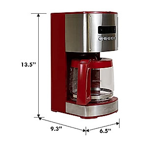 Kenmore Aroma Control 12-Cup Programmable Coffee Maker, Red and Stainless Steel Drip Coffee Machine, Glass Carafe, Reusable Filter, Timer, Digital Display Charcoal Water Filter, Regular or Bold