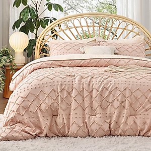 Bedsure Twin/Twin XL Comforter Set - Coral Pink Boho Twin Extra Long Comforter Set for College, Shabby Chic Dorm Bedding Set, 2 Pieces Modern Farmhouse Bed Set, Includes 1 Pillow Sham
