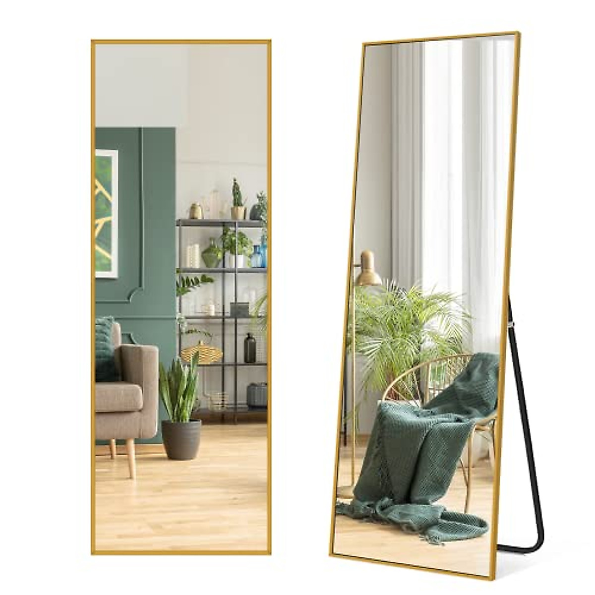 NicBex 64 x 21 Inch Full Length Mirror, Aluminum Alloy Frame Large Wall Mirror, Vanity Mirror, Bedroom Mirror, Dressing Mirror, Living Room Mirror, Gold, with Stand
