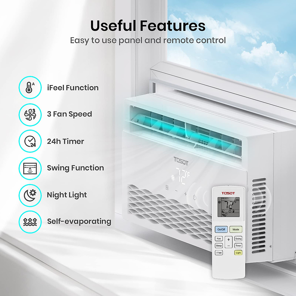 TOSOT 8,000 Air Conditioner Cools up to 350 sq. ft. Quiet, LED, Smart Remote Control, Energy Efficient Window AC, 8000 BTU, White