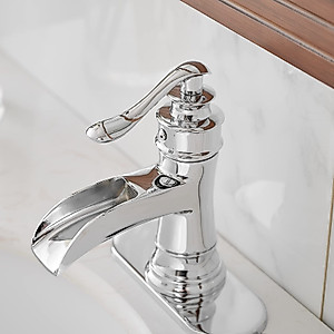 Waterfall Bathroom Faucet Chrome Bathroom Sink Faucets & Parts with Pop Up Drain Stopper with Overflow Single Handle Single Hole Vanity Commercial Trough Supply Lines Hose Lead-Free by Bathfinesse