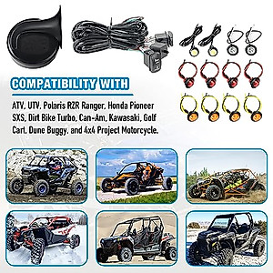 UTV ATV Horn Kit and Turn Signal Kit with Rocker Switch for Polaris RZR Ranger Honda Pioneer SXS Dirt Bike Turbo ​Can-Am Kawasaki Golf Cart Dune Buggy 4x4 Project Motorcycle…