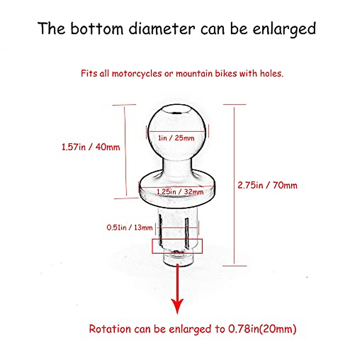 kucehiup Aluminum Alloy 1'' Ball Mount Base Insert for Motorcycle Fork Stem Hole 13mm to 20mm in Diameter, Compatible with R,A,M Mounts B Size Double Socket Arm