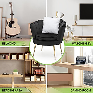 Magshion Modern Velvet Scalloped Back Accent Chair - Black, 250 lb Weight Capacity, Footrest & Pillow, Indoor Use