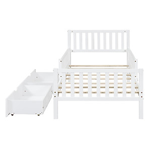 NCKMYB Kids Twin Bed with Guardrails, Low Platform Bed with Headboard and Footboard, White Children Bed Frame with 2 Drawers for Boy Girl