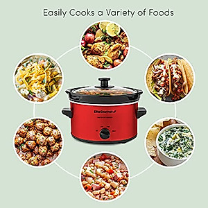 Elite Gourmet MST-275XR# Electric Oval Slow Cooker, Adjustable Temp, Entrees, Sauces, Stews & Dips, Dishwasher Safe Glass Lid & Crock (2 Quart, Red)