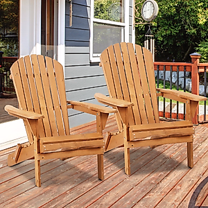 Set of 2 Adirondack Chairs Folding Outdoor Lawn Chairs Weather Resistant Patio Fire Pit Chairs with Wooden Construction for Garden Lawn Beach Outdoor Balcony, Natural