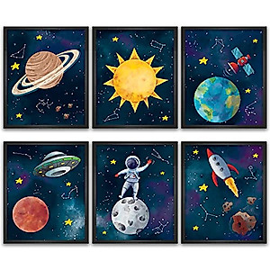Outer Space Posters for Boys Room Decor - 8x10 Inches UNFRAMED Set of 6 Wall Art - Watercolor Prints Pictures Decor Decorations Gifts Merch Comics Characters for Man Cave Boys Room Nursery Kids Rooms Bedrooms Toddlers Teens Bathrooms Girls Rooms by PRINT'