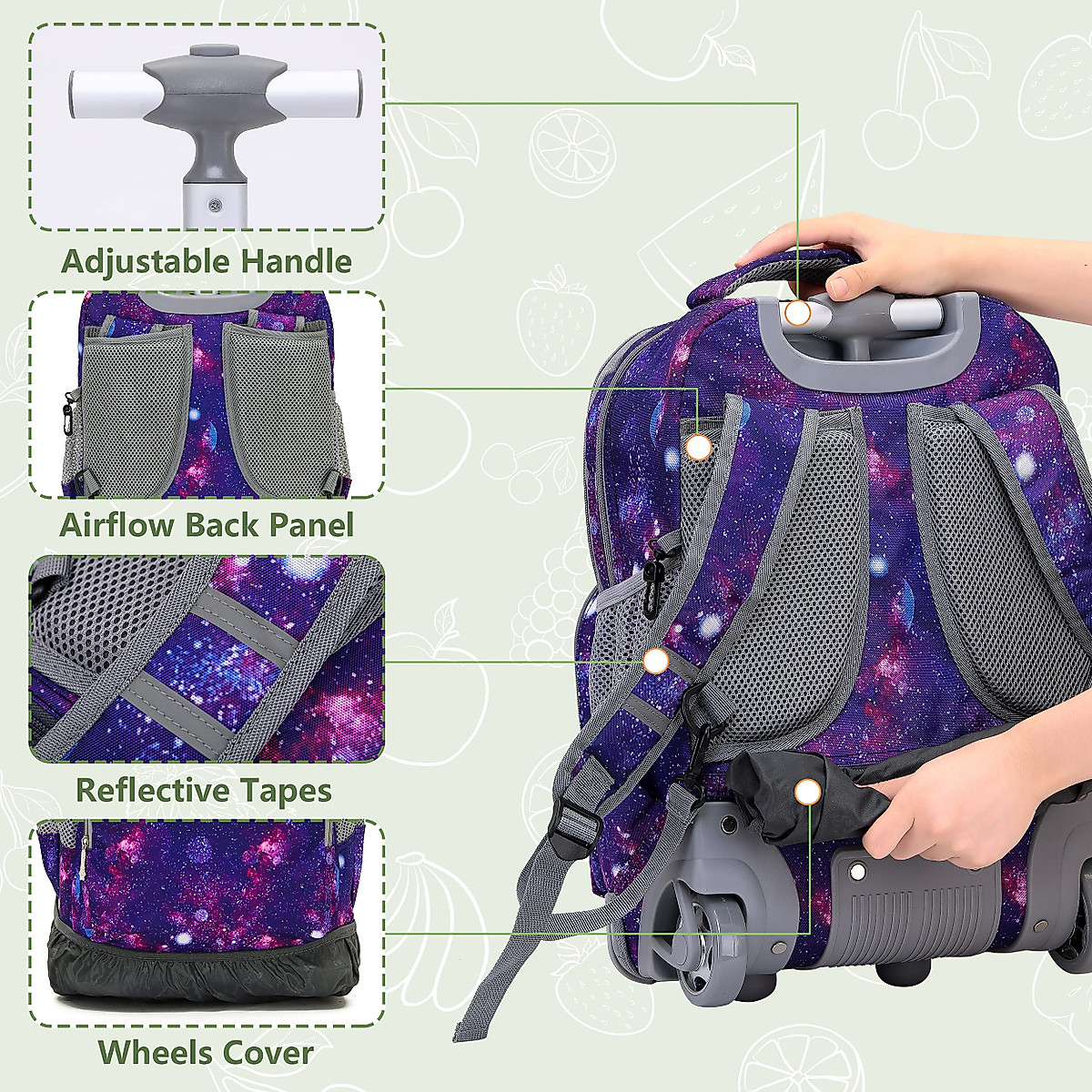 NEW TILAMI 18 Inch Rolling Backpack with Zipper Mesh Pouch Boys Girls Wheeled Laptop Backpack for School Travel Trip Backpack, Purple Galaxy