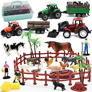 Farm Animals Figures Playset, 40 Pcs Farm Toy Tractor with Plastic Farm Animals Figurines, Farmer and Fence Farm Playset, Farm Figures Farmer Truck Toy with Trailer for Kids Boys Girls Toddlers 3+