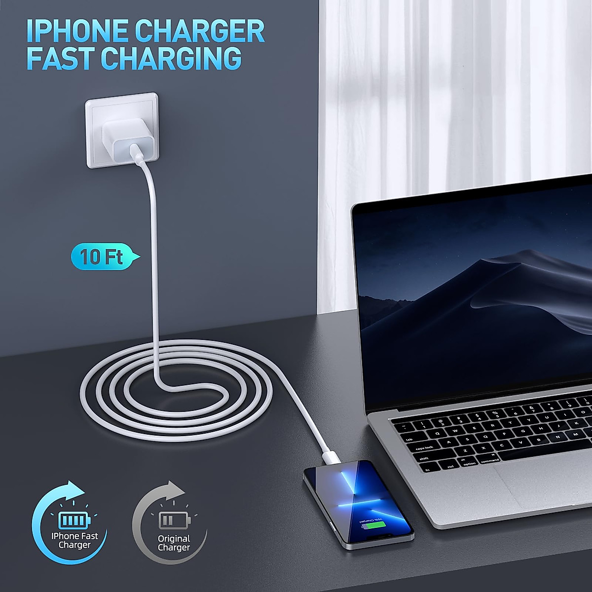 Fast Charger iPhone,3Pack Apple Charger 10 FT iPhone Charger Fast Charging[Apple MFi Certified] USB C Wall Charger,Long 10 Foot USB C to Lightning Cable for iPhone 14 Pro Max/13 Pro/12 MINI/11/SE/XS