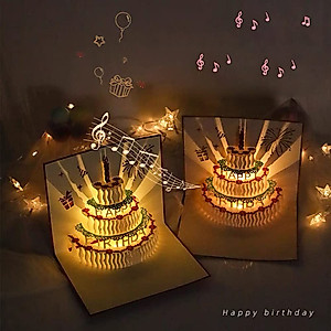 3D Birthday Cards, Auto Play Music Warm LED Light Birthday Cake Card, Greeting Cards Birthday Music Cards for Mom Wife Sister Boy Girl and Friends 1 Pack