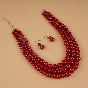 YERTTER Vintage 1920s Large Red Pearl Collar Choker Necklace Earrings Set Simulated Pearl Statement Necklace Multi Strand Pearl Necklace Costume Jewelry Chunky Pearls Necklaces for Women Wedding Jewelry (Red)