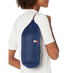 Tommy Hilfiger Women's Mid-Length Puffer Hooded Down Jacket with Drawstring Packing Bag, Navy, Medium