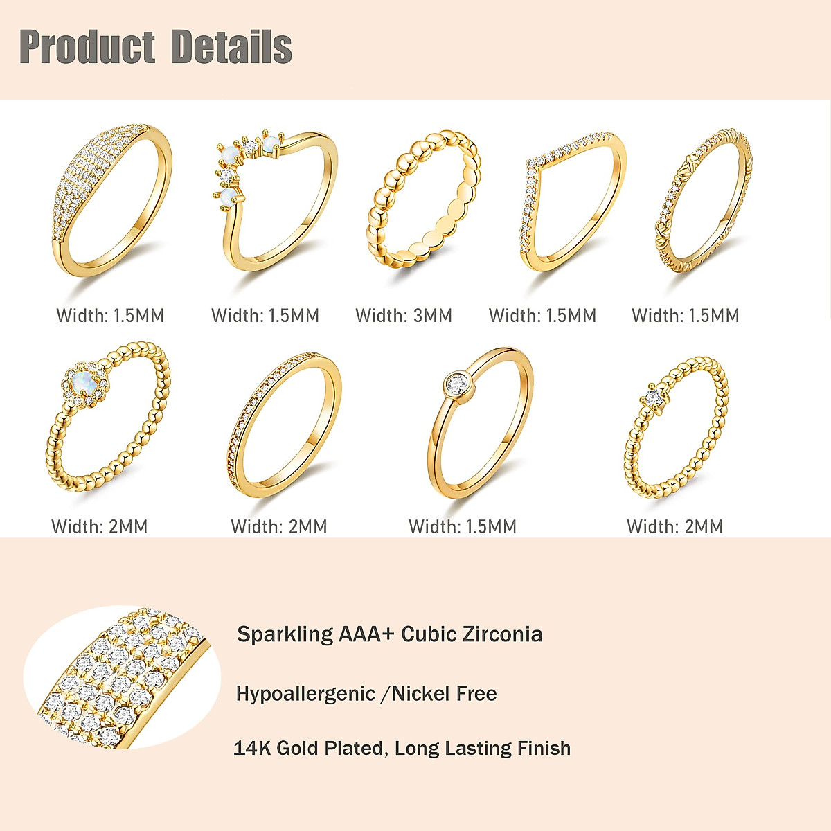 PLOMFOV 14K Silver Plate Stacking Rings Set for Women V Opal Flower CZ Rings Simple Thumb Thin Stackable Rings Silver Statement Rings Plain Band Gold 7