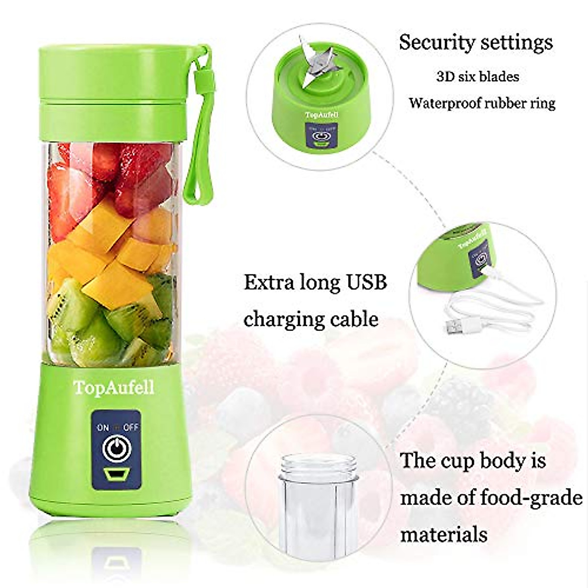 TopAufell Portable Blender,USB Rechargeable Personal Mixer,380ML Mini Blender for Fruit Smoothies and Milkshakes with Six Blades in 3D,Handheld Blender Suitable for Travel,Gym,Outdoor Sport(Green)