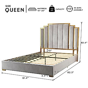 HOWE Queen Size Bed Frame and 61" Headboard, Upholstered Bed with Golden Plating Trim, Modern Platform Bed No Box Spring Needed, Light Grey