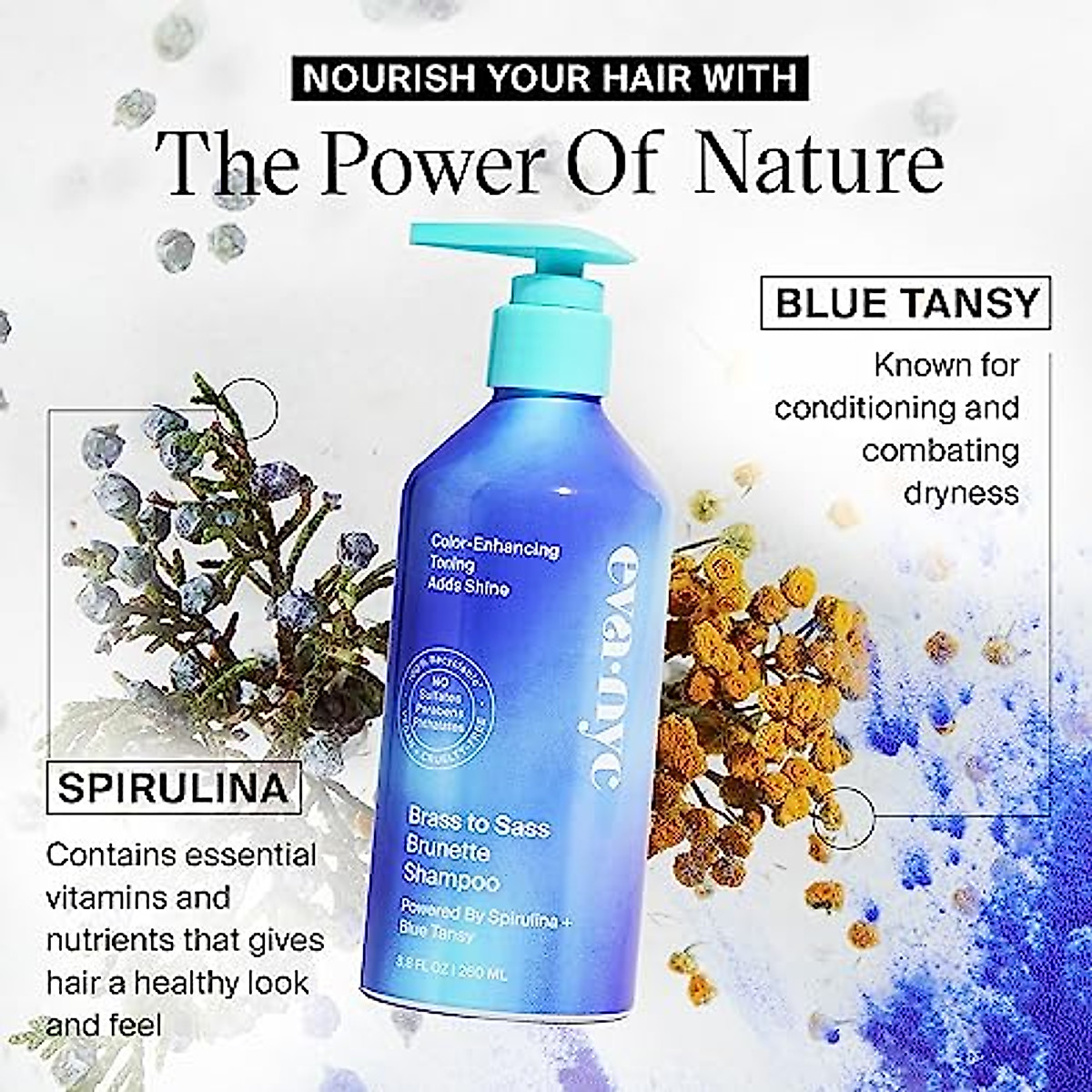 Eva NYC Brass to Sass Brunette Shampoo, Toning Blue Shampoo for Brunettes, Neutralizes Brassy Red and Orange Tones, Blue Shampoo for Color Treated Hair, 8.8 fl oz