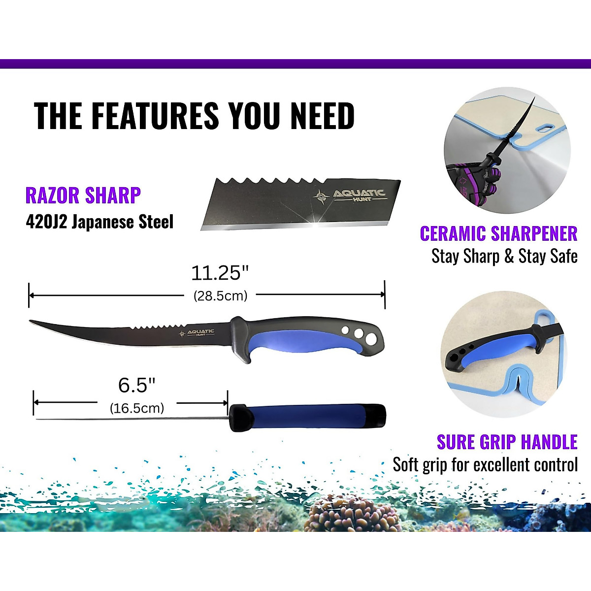 Pro 3-in-1 Set: 6.5” Fish Fillet/Boning Knife - 12” Non-slip Cutting Board - Ceramic Knife Sharpener