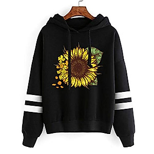 Womens Crewneck Hooded Sweatshirt Sunflower Print Hoodies Winter Patchwork Pullover Long Sleeve Tunics Tops Blouse
