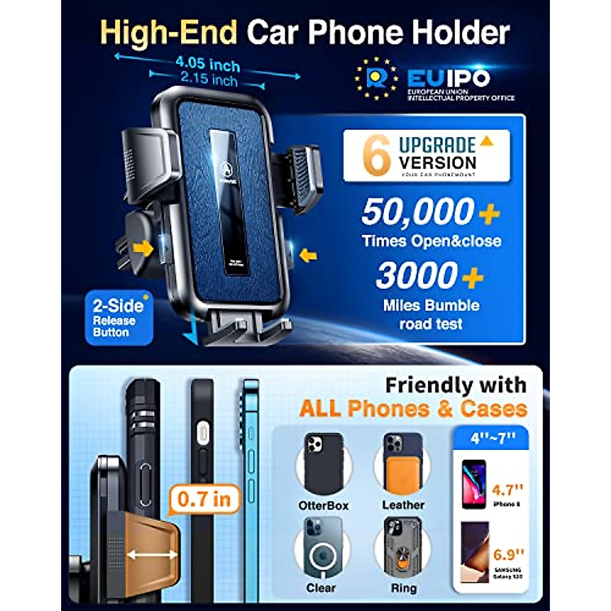 VANMASS 2023 Newest Car Phone Holder Mount [Upgraded Super Suction] Dashboard Phone Holder, Cell Phone Holder Car Dash Windshield Air Vent Stand for iPhone 14 13 12 Pro Max Samsung, Matt Blue