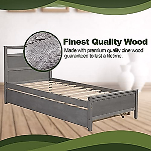Hanway Trundle Bed Frame/American Country Style daybed and roll Out Twin Size Trundle accommodate/Made by Exquisite Pine Wood Craftsmanship and Weathered Wood Texture Finish