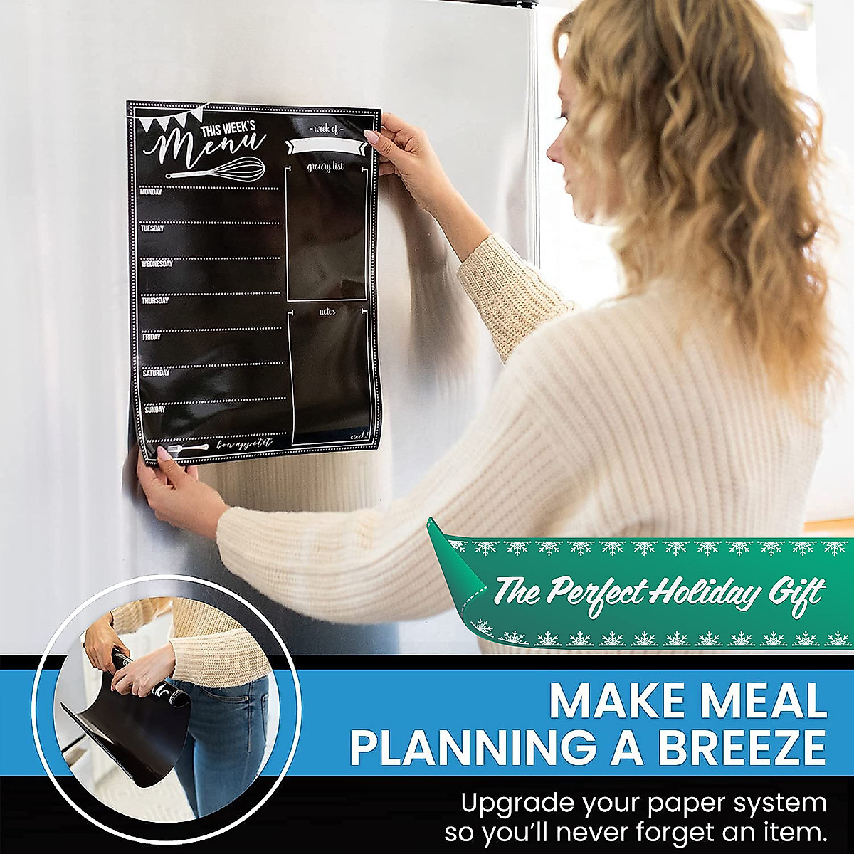 Magnetic Dry Erase Menu Board for Fridge with 3 Bright Neon Chalk Markers - 16x12" - Weekly Meal Planner Blackboard and Grocery List Notepad for Kitchen Refrigerator - Whiteboard Chalkboard Magnet